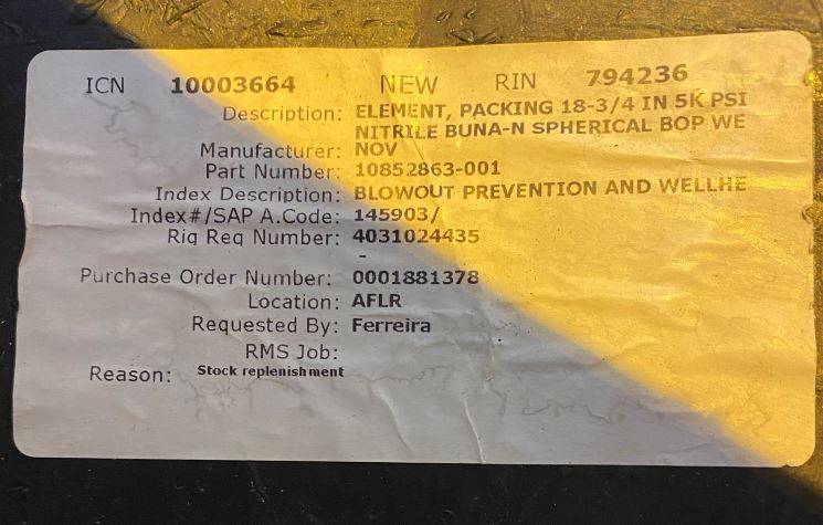 BOP Packing Element, 18-3/4" 5000 psi NOV Shaffer Annular - New For ...